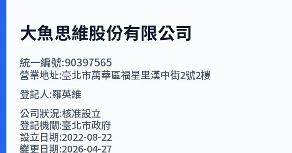 大魚思維股份有限公司的照片-統編 90397565(臺北市) 公司登記資料與營業項目詳細圖表