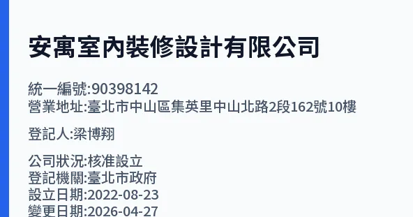 安寓室內裝修設計有限公司的照片-統編 90398142(臺北市) 公司登記資料與營業項目詳細圖表