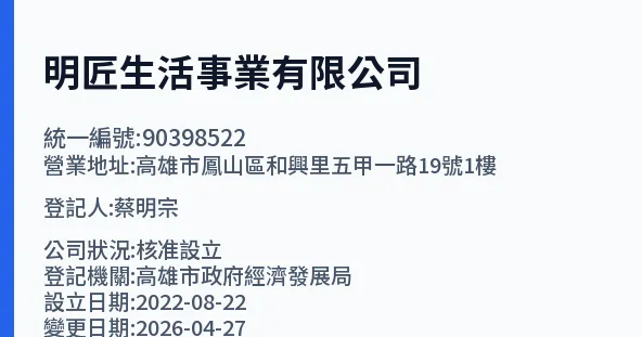 明匠生活事業有限公司的照片-統編 90398522(高雄市) 公司登記資料與營業項目詳細圖表