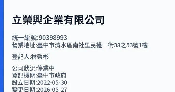 立榮興企業有限公司的照片-統編 90398993(臺中市) 公司登記資料與營業項目詳細圖表