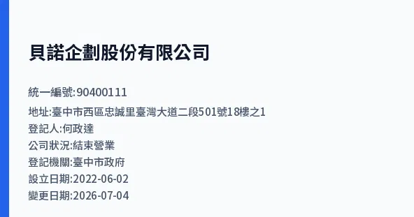 貝諾企劃股份有限公司的照片-統編 90400111(臺中市) 公司登記資料與營業項目詳細圖表