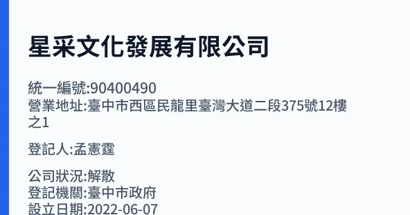 星采文化發展有限公司的照片-統編 90400490(臺中市) 公司登記資料與營業項目詳細圖表
