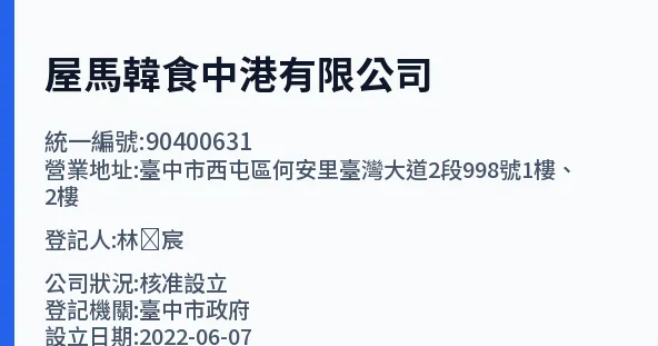 屋馬韓食中港有限公司的照片-統編 90400631(臺中市) 公司登記資料與營業項目詳細圖表
