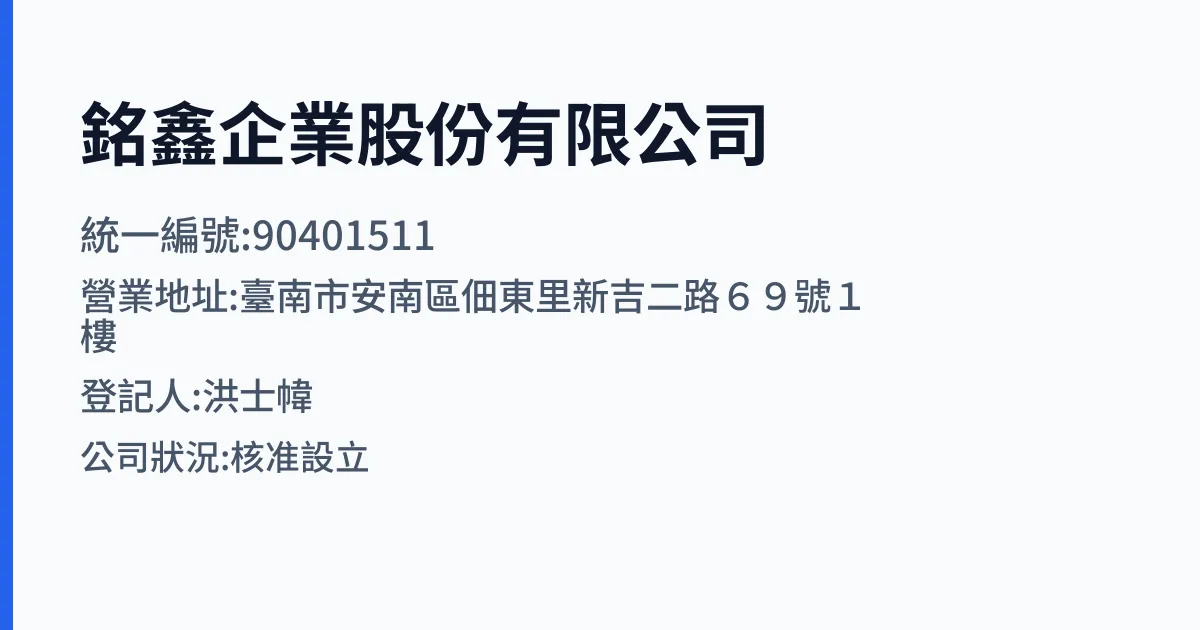 銘鑫企業股份有限公司 - 統編 90401511(臺南市) 公司登記資料與營業項目詳細圖表