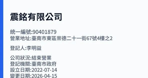 震銘有限公司的照片-統編 90401879(臺南市) 公司登記資料與營業項目詳細圖表