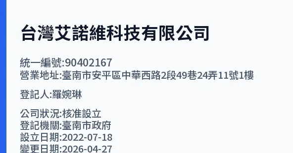 台灣艾諾維科技有限公司的照片-統編 90402167(臺南市) 公司登記資料與營業項目詳細圖表