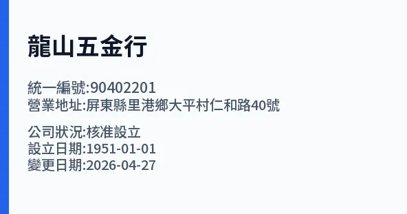龍山五金行的照片-統編 90402201(屏東縣) 公司登記資料與營業項目詳細圖表