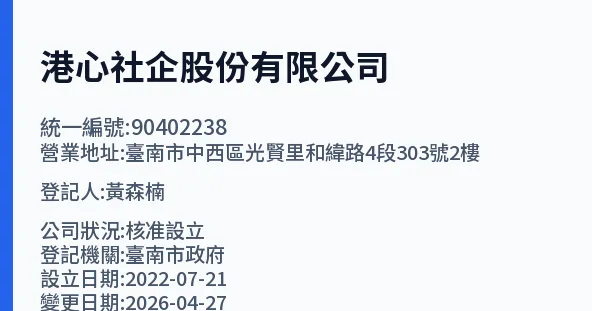 港心社企股份有限公司的照片-統編 90402238(臺南市) 公司登記資料與營業項目詳細圖表