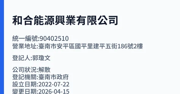 和合能源興業有限公司的照片-統編 90402510(臺南市) 公司登記資料與營業項目詳細圖表