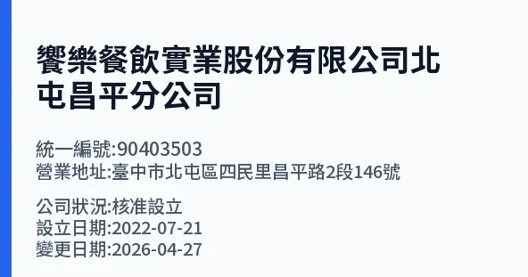饗樂餐飲實業股份有限公司北屯昌平分公司的照片-統編 90403503(臺中市) 公司登記資料與營業項目詳細圖表