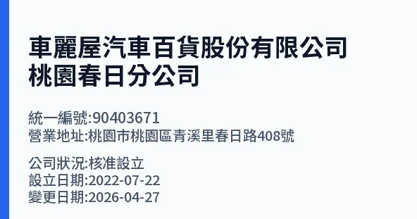 車麗屋汽車百貨股份有限公司桃園春日分公司的照片-統編 90403671(桃園市) 公司登記資料與營業項目詳細圖表