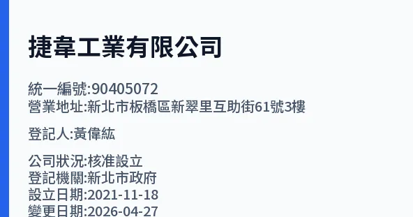 捷韋工業有限公司的照片-統編 90405072(新北市) 公司登記資料與營業項目詳細圖表