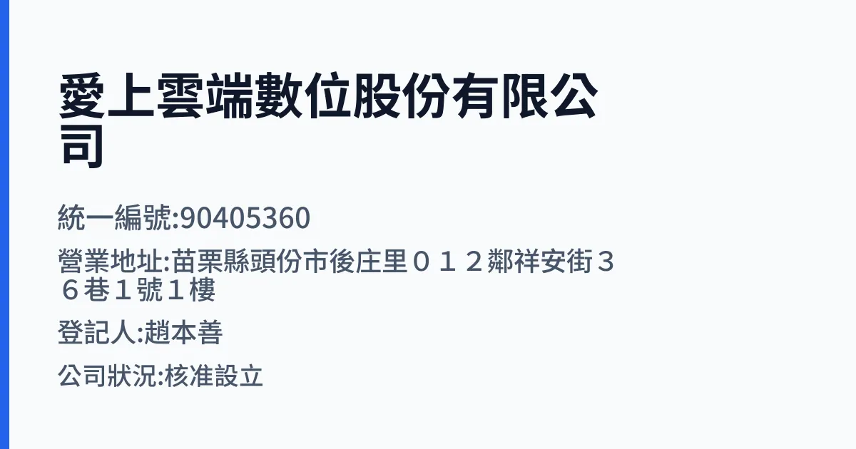 愛上雲端數位股份有限公司 - 統編 90405360(苗栗縣) 公司登記資料與營業項目詳細圖表