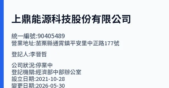 上鼎能源科技股份有限公司的照片-統編 90405489(苗栗縣) 公司登記資料與營業項目詳細圖表