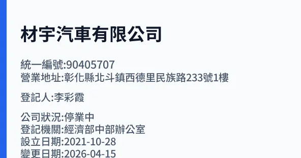 材宇汽車有限公司的照片-統編 90405707(彰化縣) 公司登記資料與營業項目詳細圖表