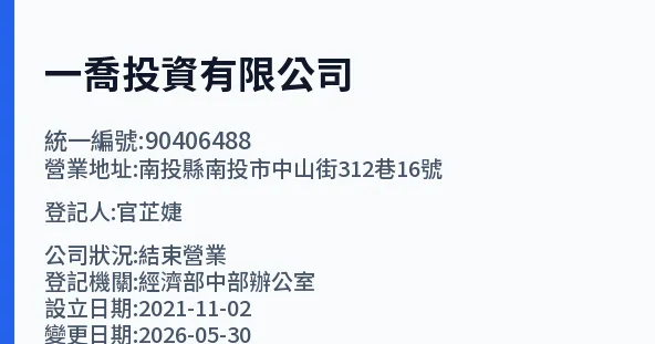 一喬投資有限公司的照片-統編 90406488(南投縣) 公司登記資料與營業項目詳細圖表