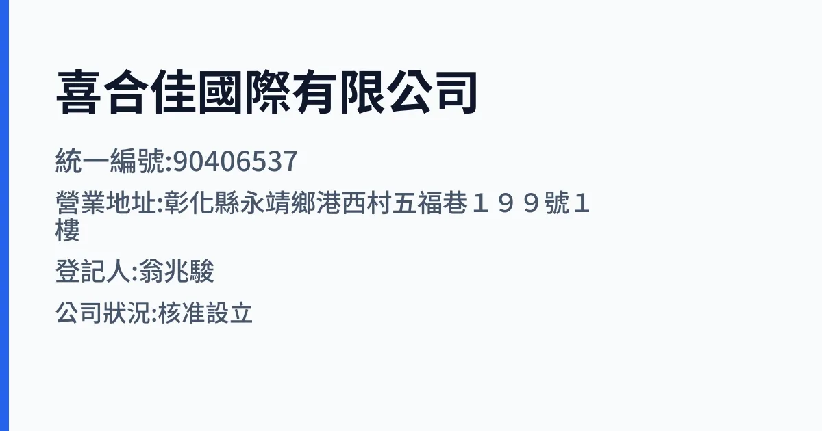 喜合佳國際有限公司 - 統編 90406537(彰化縣) 公司登記資料與營業項目詳細圖表
