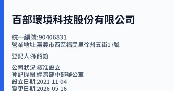 百部環境科技股份有限公司的照片-統編 90406831(嘉義市) 公司登記資料與營業項目詳細圖表