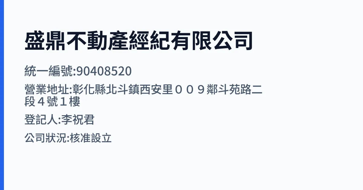 盛鼎不動產經紀有限公司 - 統編 90408520(彰化縣) 公司登記資料與營業項目詳細圖表