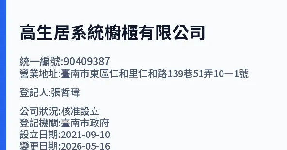 高生居系統櫥櫃有限公司的照片-統編 90409387(臺南市) 公司登記資料與營業項目詳細圖表