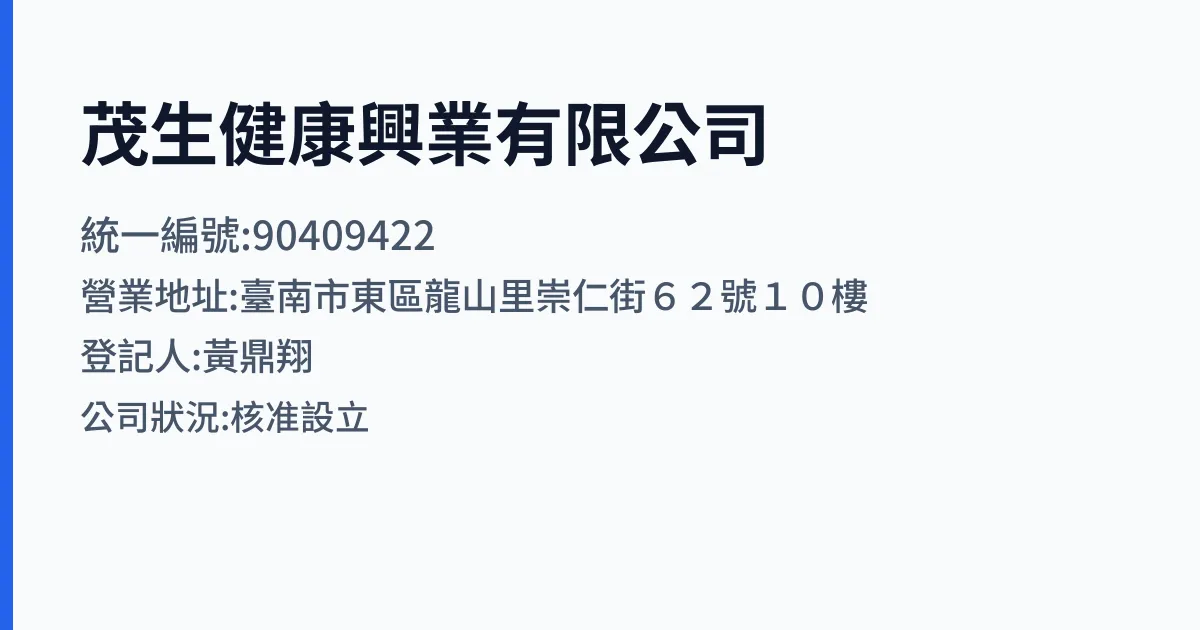 茂生健康興業有限公司 - 統編 90409422(臺南市) 公司登記資料與營業項目詳細圖表