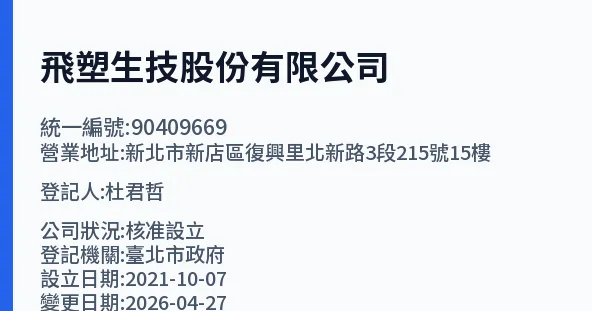 飛塑生技股份有限公司的照片-統編 90409669(新北市) 公司登記資料與營業項目詳細圖表