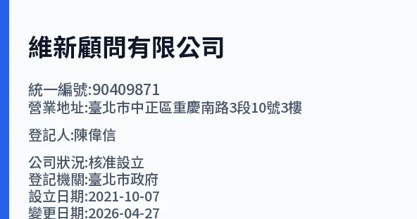 維新顧問有限公司的照片-統編 90409871(臺北市) 公司登記資料與營業項目詳細圖表