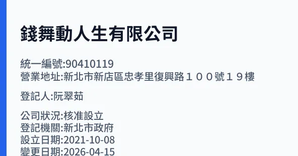 錢舞動人生有限公司的照片-統編 90410119(臺北市) 公司登記資料與營業項目詳細圖表