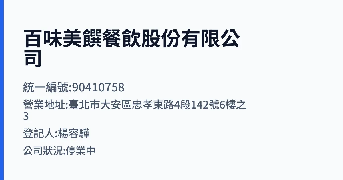 百味美饌餐飲股份有限公司 - 統編 90410758(臺北市) 公司登記資料與營業項目詳細圖表
