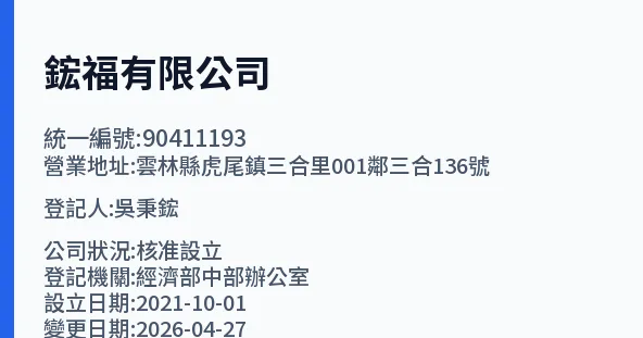 鋐福有限公司的照片-統編 90411193(雲林縣) 公司登記資料與營業項目詳細圖表