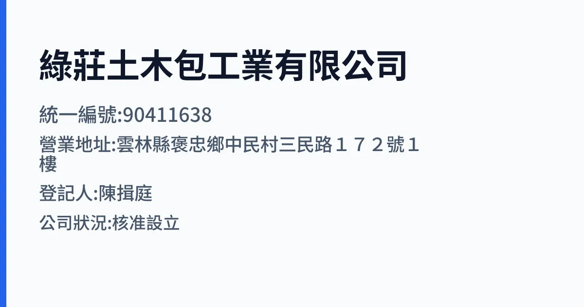 綠莊土木包工業有限公司 - 統編 90411638(雲林縣) 公司登記資料與營業項目詳細圖表