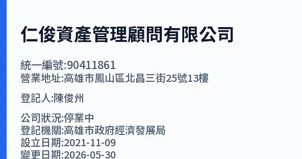 仁俊資產管理顧問有限公司的照片-統編 90411861(高雄市) 公司登記資料與營業項目詳細圖表