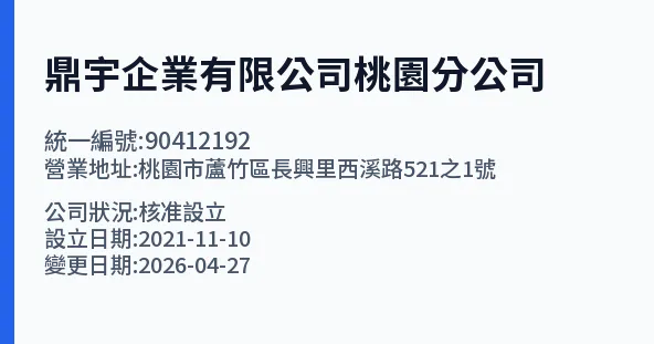 鼎宇企業有限公司桃園分公司的照片-統編 90412192(桃園市) 公司登記資料與營業項目詳細圖表