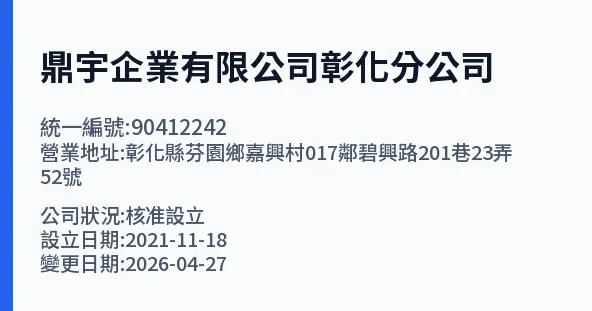 鼎宇企業有限公司彰化分公司的照片-統編 90412242(彰化縣) 公司登記資料與營業項目詳細圖表