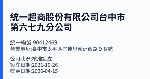 統一超商股份有限公司台中市第六七九分公司的照片-統編 90412469(臺中市) 公司登記資料與營業項目詳細圖表