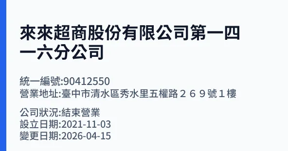 來來超商股份有限公司第一四一六分公司的照片-統編 90412550(臺中市) 公司登記資料與營業項目詳細圖表