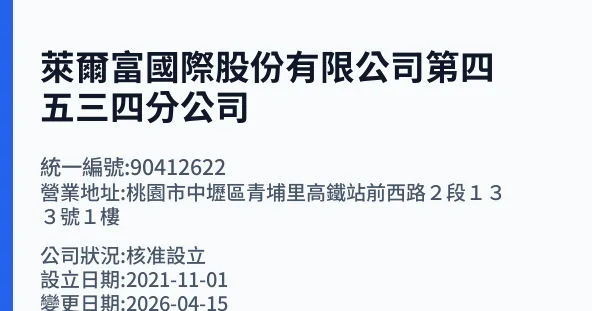 萊爾富國際股份有限公司第四五三四分公司的照片-統編 90412622(桃園市) 公司登記資料與營業項目詳細圖表