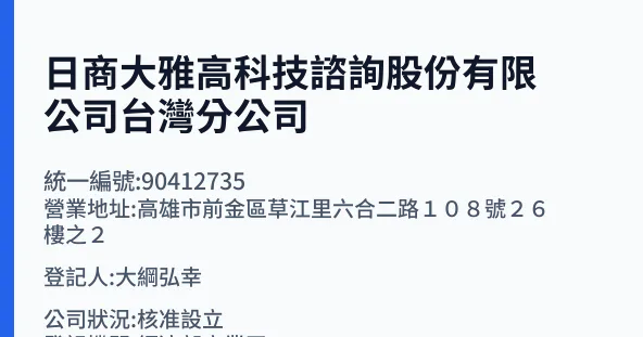 日商大雅高科技諮詢股份有限公司台灣分公司的照片-統編 90412735(高雄市) 公司登記資料與營業項目詳細圖表