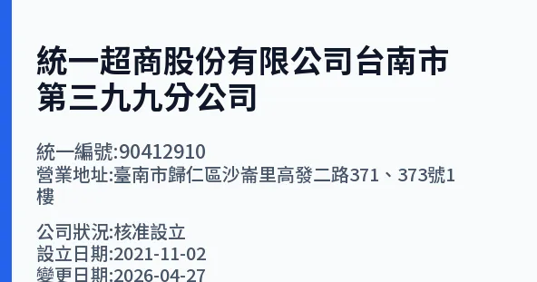 統一超商股份有限公司台南市第三九九分公司的照片-統編 90412910(臺南市) 公司登記資料與營業項目詳細圖表