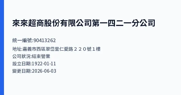 來來超商股份有限公司第一四二一分公司的照片-統編 90413262(嘉義市) 公司登記資料與營業項目詳細圖表
