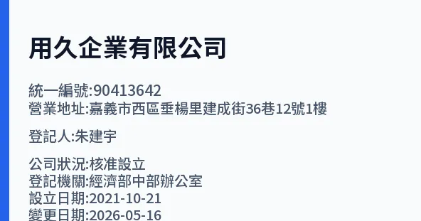 用久企業有限公司的照片-統編 90413642(嘉義市) 公司登記資料與營業項目詳細圖表