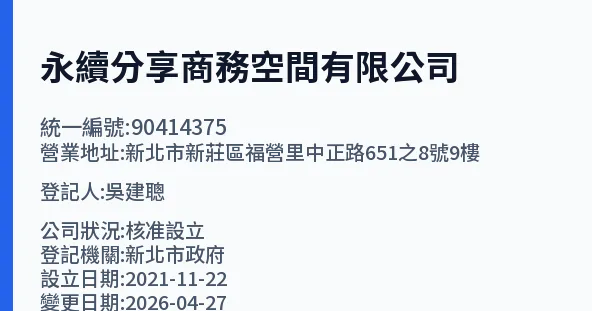 永續分享商務空間有限公司的照片-統編 90414375(新北市) 公司登記資料與營業項目詳細圖表