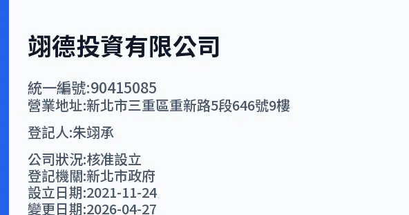 翊德投資有限公司的照片-統編 90415085(新北市) 公司登記資料與營業項目詳細圖表