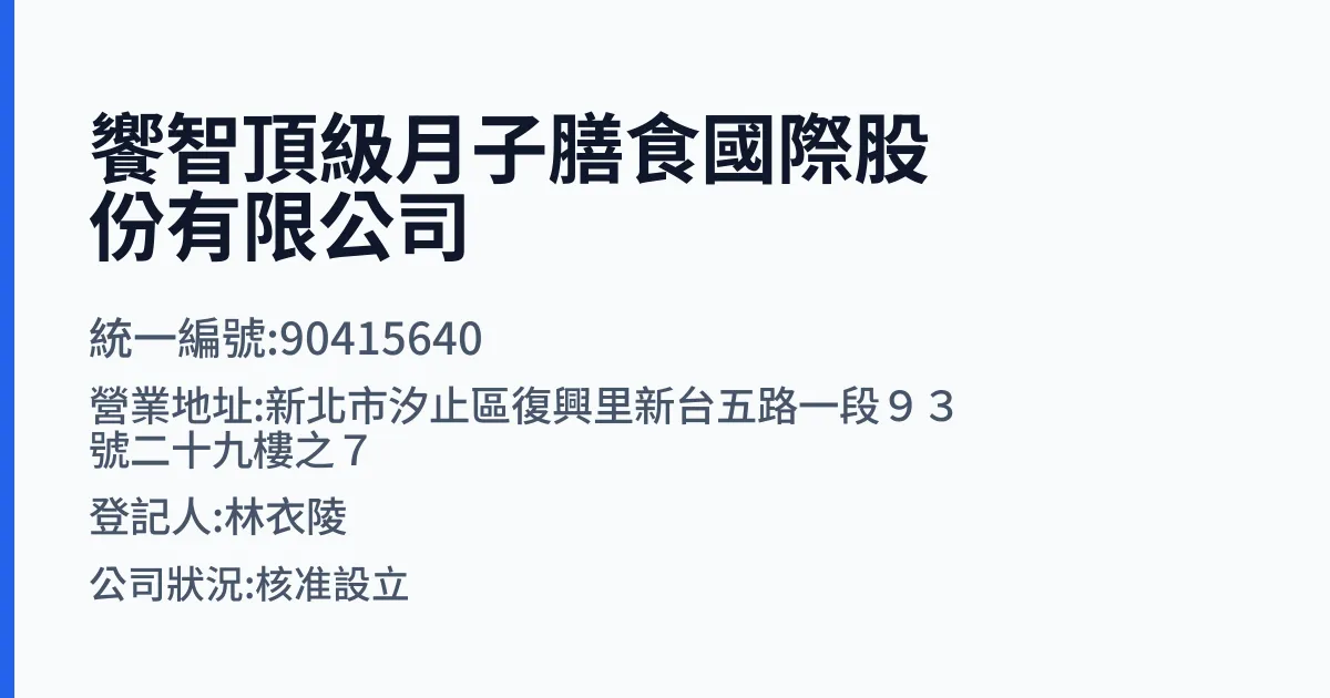 饗智頂級月子膳食國際股份有限公司 - 統編 90415640(新北市) 公司登記資料與營業項目詳細圖表