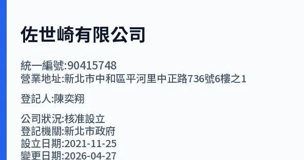 佐世崎有限公司的照片-統編 90415748(新北市) 公司登記資料與營業項目詳細圖表