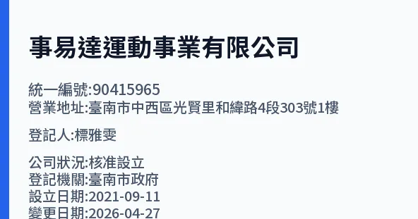事易達運動事業有限公司的照片-統編 90415965(臺南市) 公司登記資料與營業項目詳細圖表