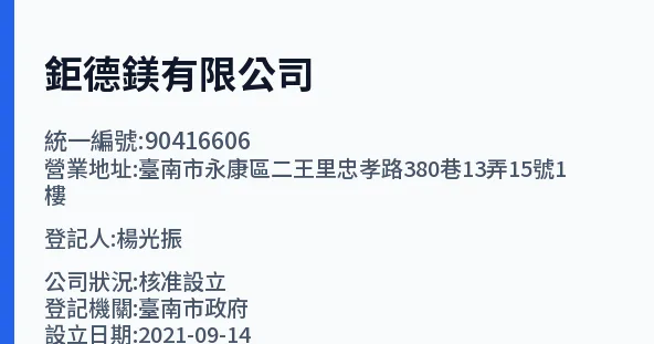 鉅德鎂有限公司的照片-統編 90416606(臺南市) 公司登記資料與營業項目詳細圖表
