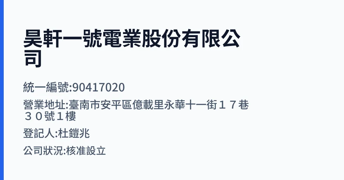 昊軒一號電業股份有限公司 - 統編 90417020(臺南市) 公司登記資料與營業項目詳細圖表