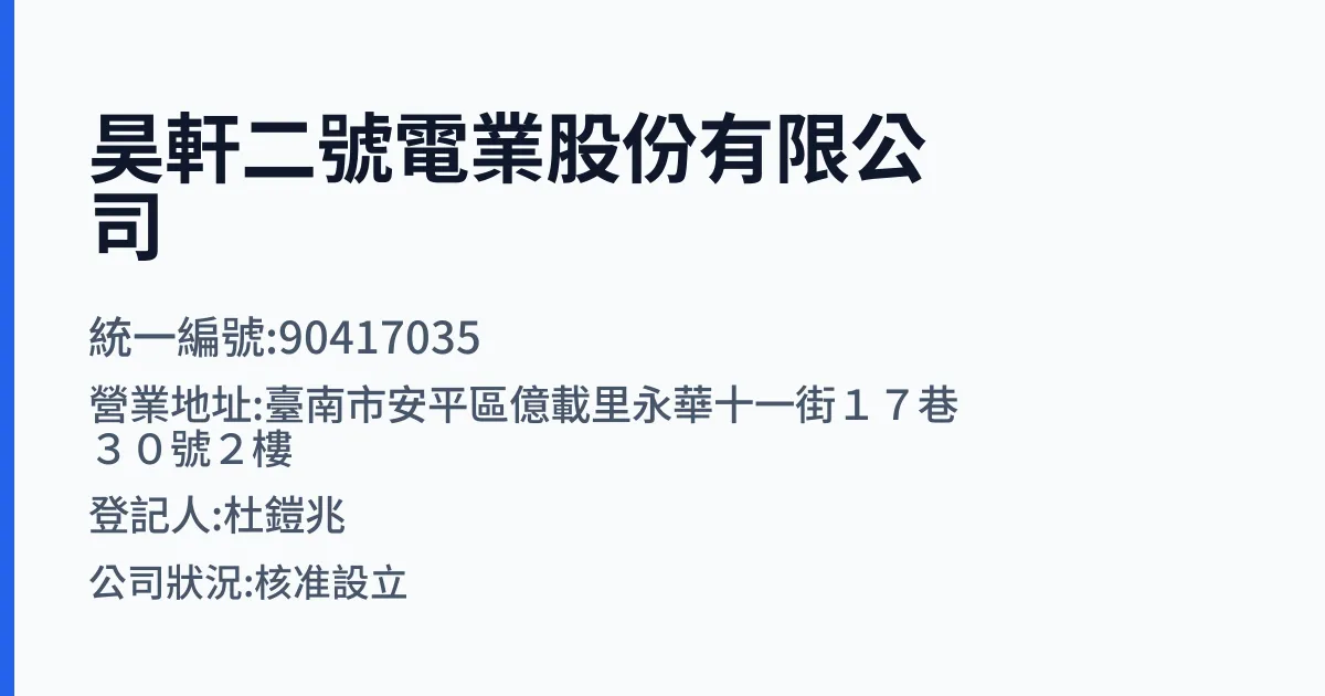 昊軒二號電業股份有限公司 - 統編 90417035(臺南市) 公司登記資料與營業項目詳細圖表