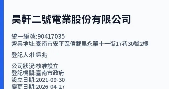 昊軒二號電業股份有限公司的照片-統編 90417035(臺南市) 公司登記資料與營業項目詳細圖表